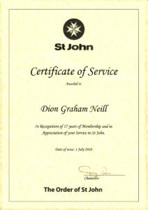 Dion Neill, St John - Certificate of Service - Field Agents. Security ...